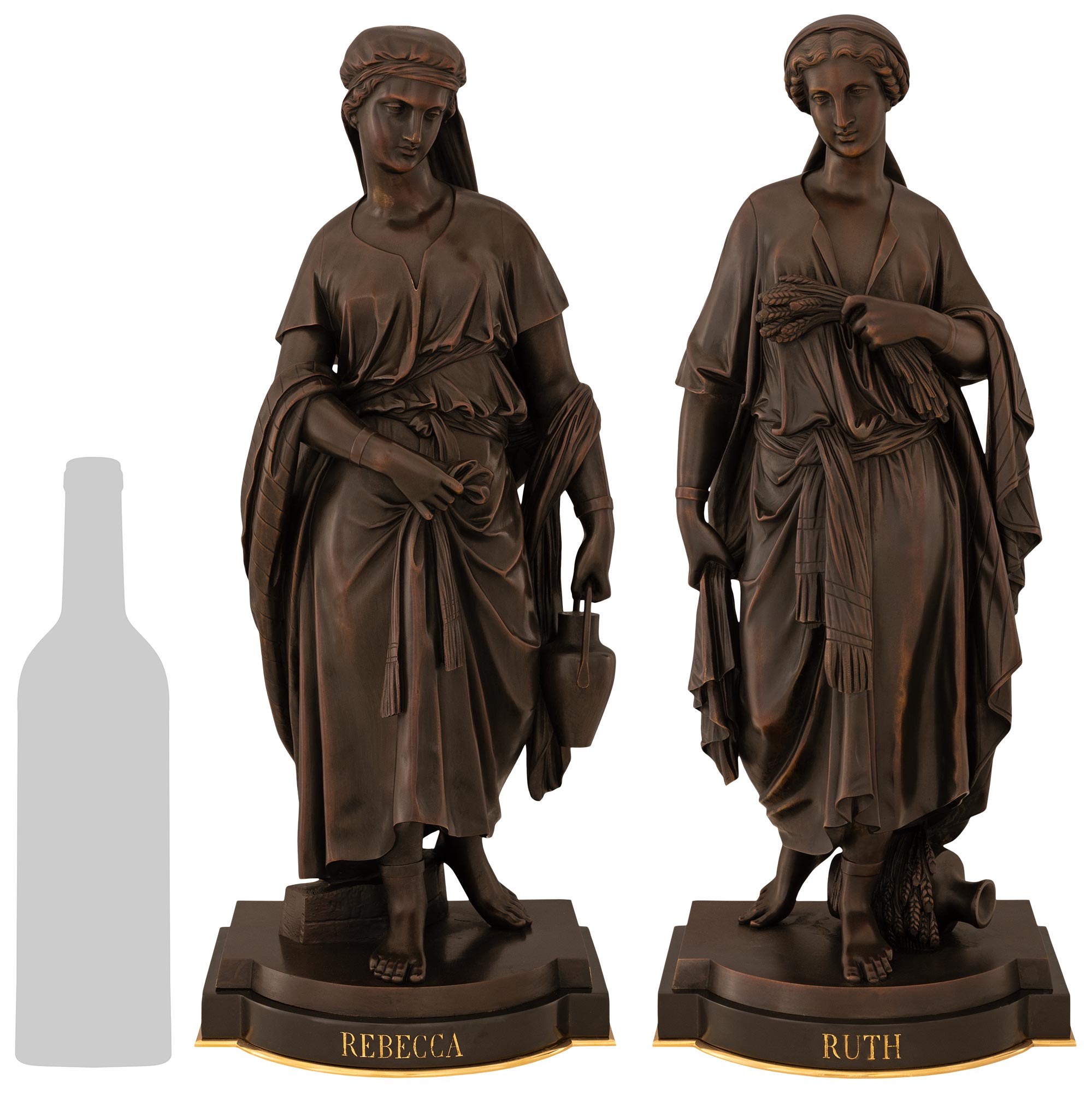 A pair of French 19th century patinated Bronze statues of Rebecca and ...